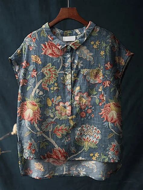 Womens Floral Print Casual Cotton And Linen Short Sleeved Shirt