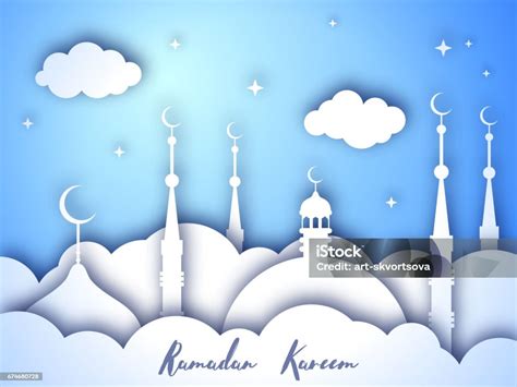 벡터 3d 이슬람 종이 예술 컷 라마단 카림 휴일 축 하 인사말 카드 배경 벡터 일러스트 모스크와 문 종이로 만든 아라비아 도시의 전망 이슬람 디자인입니다 Eid 무바라크