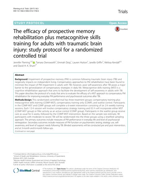 Pdf The Efficacy Of Prospective Memory Rehabilitation Plus Metacognitive Skills Training For