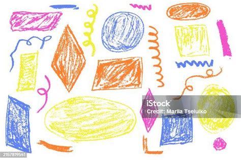 낙서와 왁스 크레용 질감의 기하학적 모양 평면 모양 디자인 크레용 질감을 가진 벡터 일러스트 레이 션 그리기에 대한 스톡 벡터