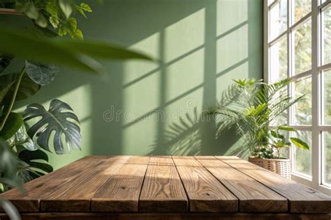 Wood Table With Green Wall And Leaf Shadow Stock Illustration