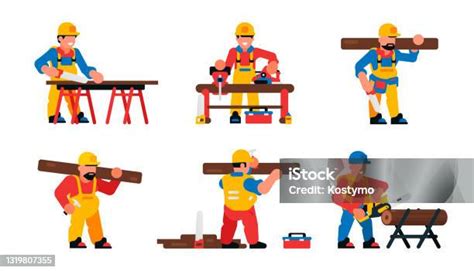 목수 노동자들이 설정합니다 톱 보드 전기 톱 망치 도구를 가진 남성 목수 흰색 배경에서 격리된 벡터 그림입니다 가공의 인물에 대한 스톡 벡터 아트 및 기타 이미지 Istock