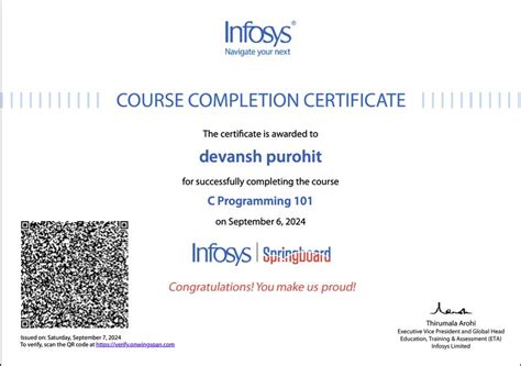 completed c programming course with infosys springboard devansh