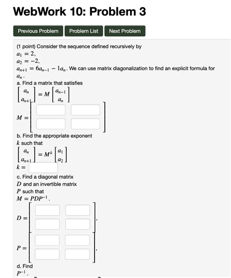 Solved Webwork 10 Problem 3 Previous Problem Problem List