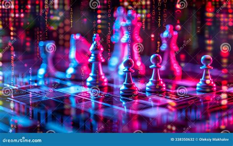 chess pieces on board in neon lights circuit board pattern and binary