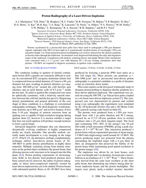 Pdf Proton Radiography Of A Laser Driven Implosion