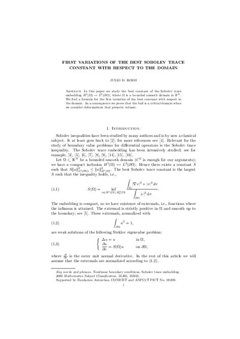 Pdf First Variations Of The Best Sobolev Trace Constant With Respect To The Domain