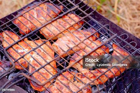 요리사 자연 속에서 바베큐 그릴에 숯불에 스테이크를 굽고 위에서 가까이서 본 모습 0명에 대한 스톡 사진 및 기타 이미지 Istock