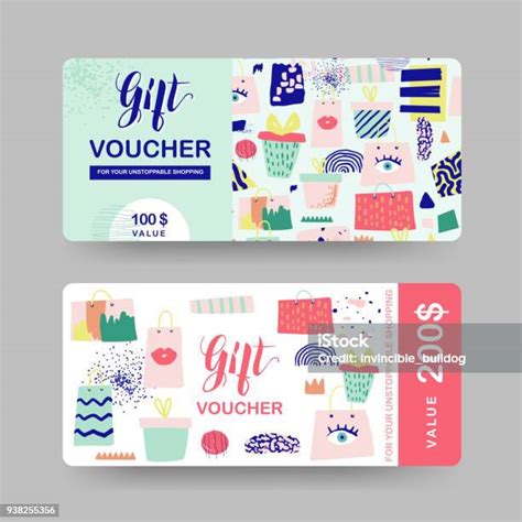선물 바우처 서식 파일이입니다 쇼핑 가방 및 패션 요소와 쿠폰 인증 카드 할인 판매 프로 모션 배너 전단지 웹 디자인 벡터