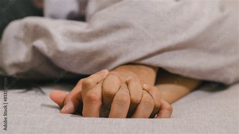 Hands Of Couple Lovers Having Sex On A Bed In Morning With Lust And Love Close Up Hands Of A