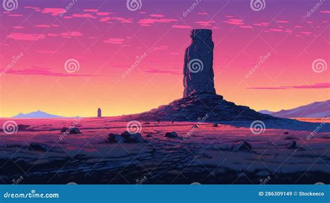 Vibrant Prairiecore Art Pink Horizon And Odd Tower In Detailed Pixel