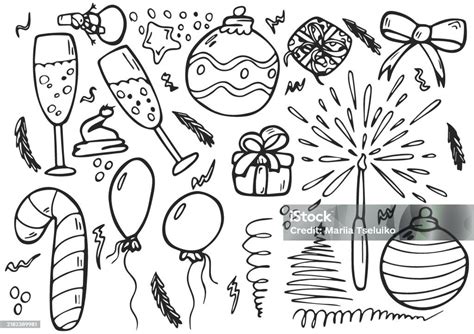 새해 아이템 안경 크리스마스 트리 장식 선물 과자의 귀여운 낙서 세트 손으로 그린 스타일의 축제 분위기 속성의 새해 세트 디자인 12월에 대한 스톡 벡터 아트 및 기타