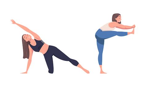 요가를 하는 젊은 여성들 스포츠 복장을 한 소녀들은 수업에서 다른 아사나를 연습합니다 육체와 영적 연습 만화 벡터 일러스트 레이