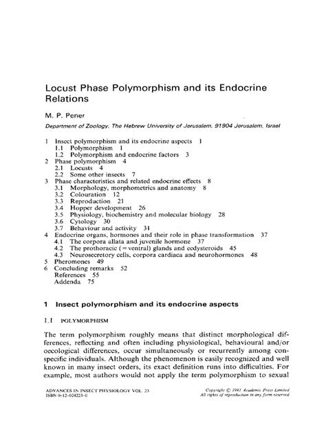 Pener1991 Locust Phase Polymorphism And Its Endocrine Pdf