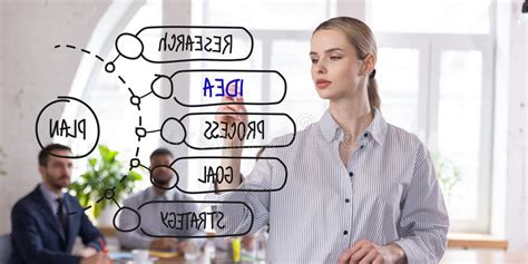 Businesswoman Presenting Strategic Business Plan On Interactive Board Engaged Audience Team