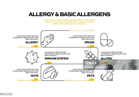알레르기 및 기본 알레르겐 관련 프로세스 인포그래픽 템플릿 프로세스 타임라인 차트 선형 아이콘이 있는 워크플로 레이아웃 곡초류에 대한 스톡 벡터 아트 및 기타 이미지