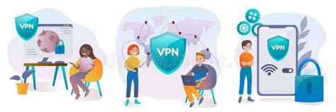 Cybersecurity And Virtual Private Network Set People Using Vpn For Computer Smartphone With