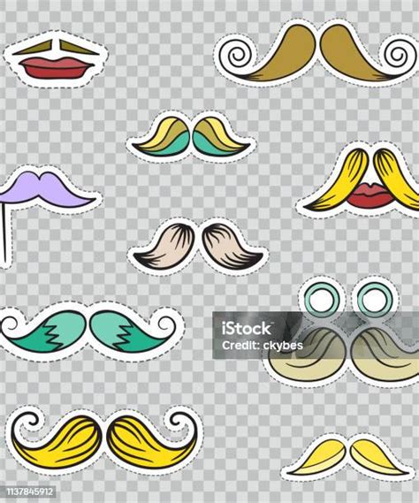 콧수염이 있는 헝겊 조각 벡터 일러스트 레이 션에 고립 된 투명 한 배경입니다 만화 80 S90의 만화 스타일에 스티커 핀 패치의 팩을 설정 합니다 낙서 드로잉에 대한 스톡