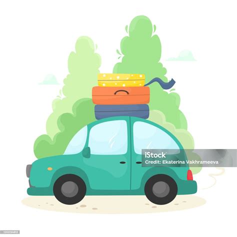 지붕에 여행 가방이있는 자동차가 여행을 간다 만화 플랫 스타일의 벡터 일러스트레이션입니다 떠남에 대한 스톡 벡터 아트 및 기타