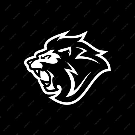 사나운 사자 라인 아트 로고 디자인 어두운 배경에 사자 머리 머리 갈기 문장 벡터 아이콘 프리미엄 벡터