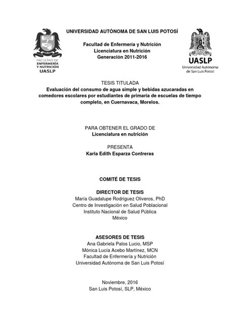 Ok Tesis Karla Edith Esparza C Evaluación Del Consumo De Agua Simple Y