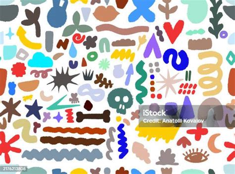 완벽 한 패턴 손으로 그린 순진한 기괴한 다채로운 다채로운 기하학적 모양과 형태 현대 현대 인물 다양한 유기적 모양 낙서 개체 그래픽 요소 벡터 추상 Seamless