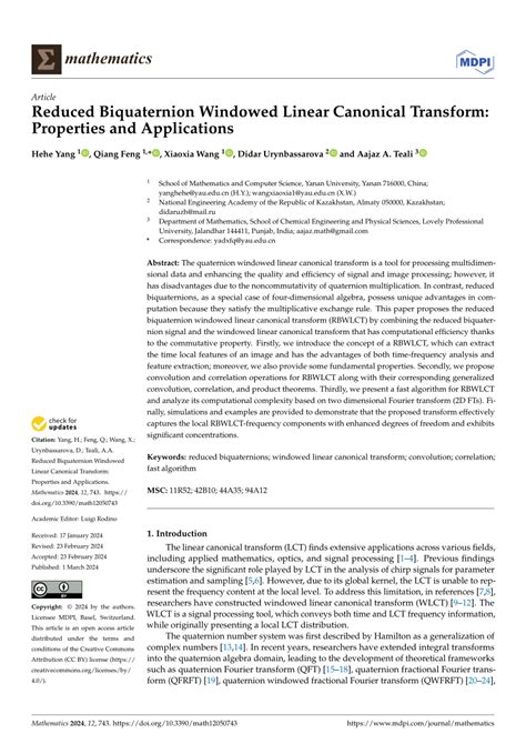 Pdf Reduced Biquaternion Windowed Linear Canonical Transform