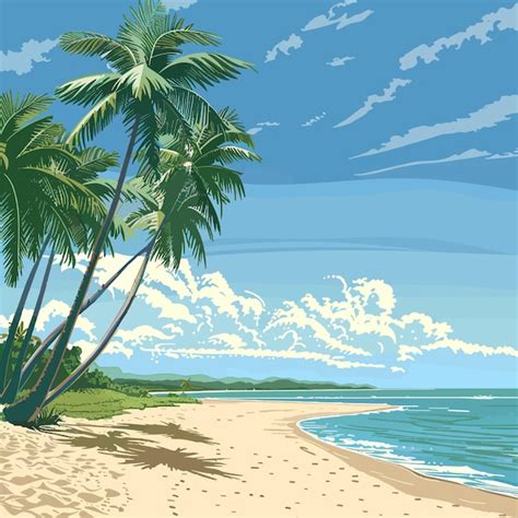 A Drawing Of Palm Trees On A Beach With The Ocean In The Background
