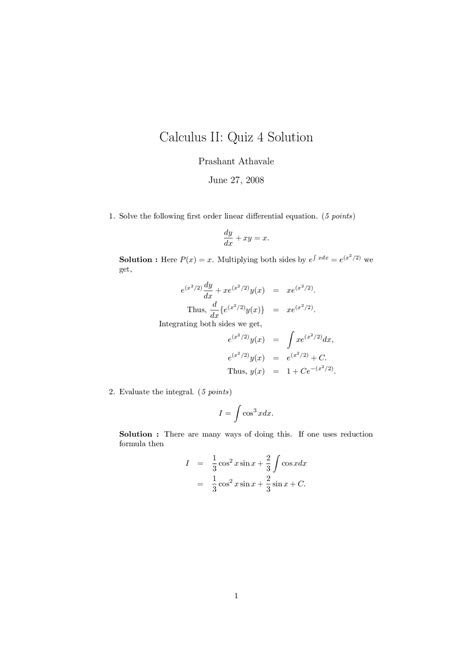 Solutions For Quiz 4 Calculus Ii Math 141 Docsity