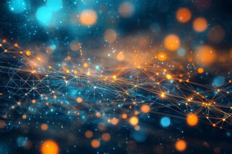 Abstract Digital Network With Glowing Orange And Blue Lights Representing Data Flow Stock