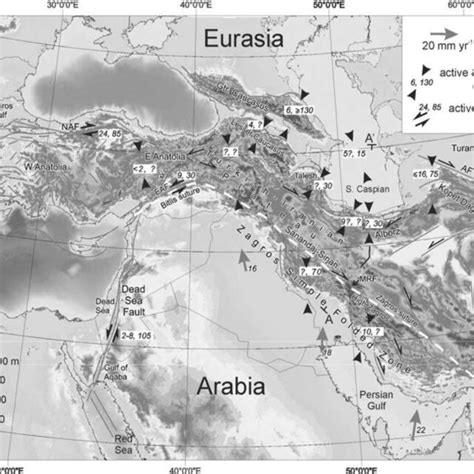 map showing the general tectonic setting and the direction of tectonic