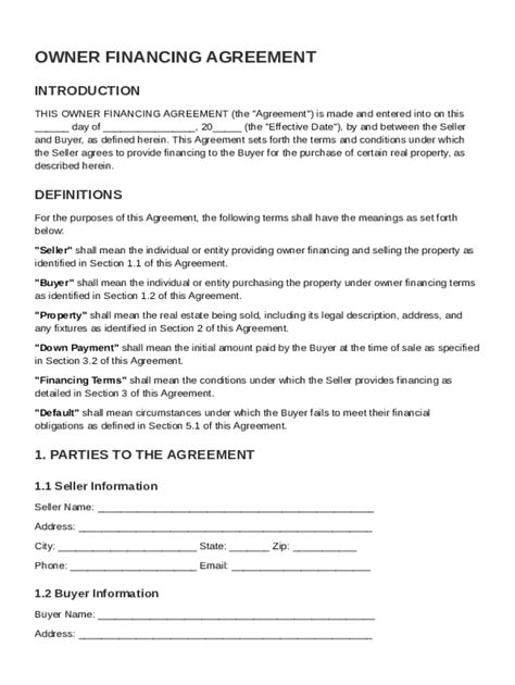 Owner Financing Agreement Template Form Fill Out And Sign Printable