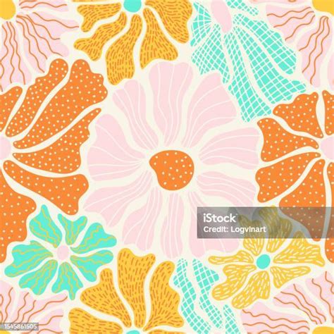 화려한 복고풍 그루비 꽃과 원활한 패턴 순진한 예술 스타일의 여름 간단한 추상 디자인 60년대 빈티지 스타일 식물 꽃 식물에 대한 스톡 벡터 아트 및 기타 이미지 Istock