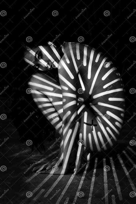 Black And White Nude Art Portrait Of Asian Woman With Strip Of Shadow