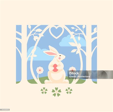 부활절 토끼 들고 닭고기 달걀 화려한 여름 풍경 인사말 카드 디자인 벡터 일러스트 레이 션 0명에 대한 스톡 벡터 아트 및 기타 이미지 0명 4월 가공의 인물