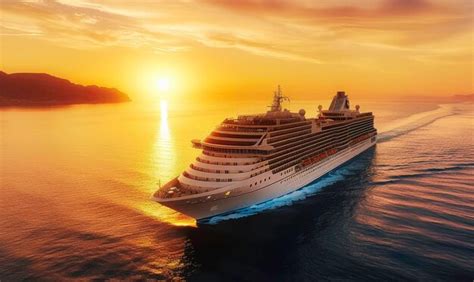 Luxury Cruise Ship In The Ocean Sea At Sunset Cruise Vacation Getaway