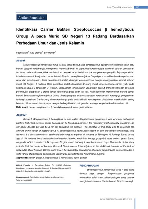 Pdf Identifikasi Carrier Bakteri Streptococcus β Hemolyticus Group A Pada Murid Sd Negeri 13