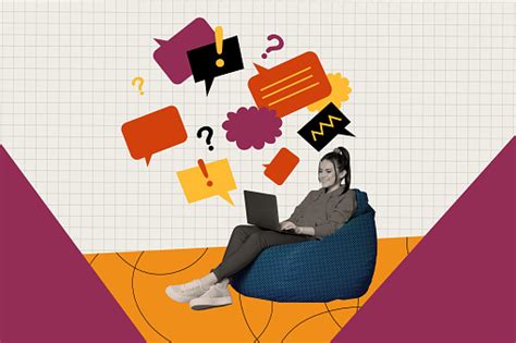 복합 트렌드 아트웍 이미지 3d 콜라주 사무실 관리자 Yong Lady 작업 집에서 멀리 빈백 홀드 노트북에 앉아서 대화를 나누십시오 20 24세에 대한 스톡 사진 및 기타