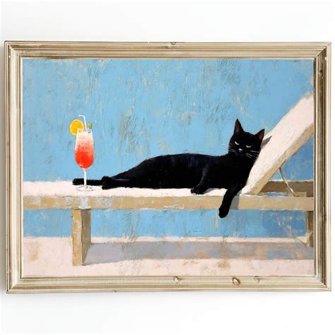 Relaxed Cat Art Print Cat With Cocktail On Poolside Bench Whimsical