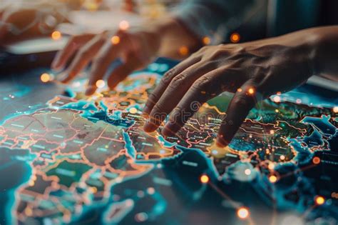 Closeup Of Hands Tracking Global Shipping Routes On A Digital World Map Logistics Data Displayed