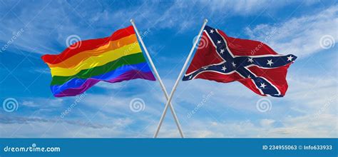 Crossed Flags Of Lgbt And Confederate Battle Or Dixie Flag Flag Waving