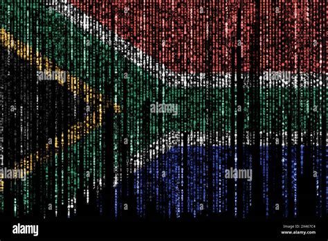 Flag Of South Africa On A Computer Binary Codes Falling From The Top