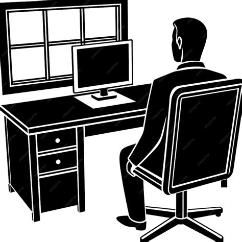 Premium Vector A Man Sits At A Desk In Front Of A Computer And Has A Picture Of A Man Sitting