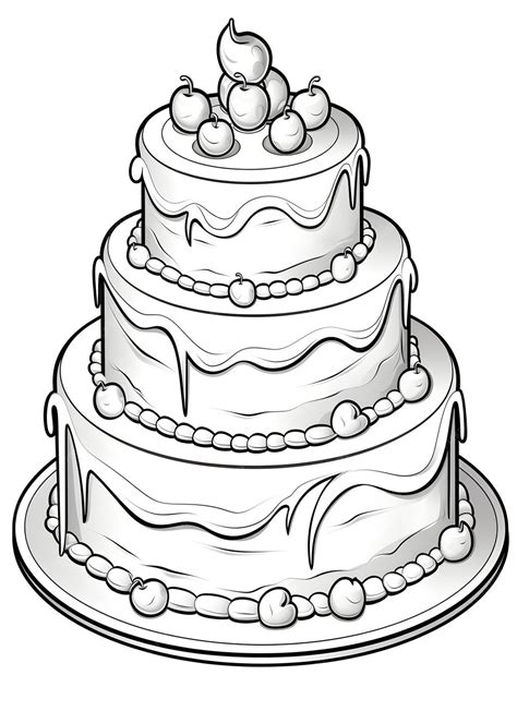 케이크 컬러링 페이지 생일 케이크 색칠 페이지 웨딩 케이크 칠색 페이지 손으로 그려진 생일케이크 윤 일러스트레이션 컬러링 책 페이지 Ai 생성 프리미엄 사진