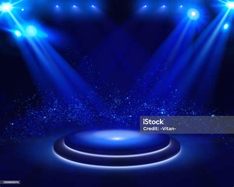 아름다운 조명과 연기로 빛나는 무대 검은 색 배경에 연기 볼륨 라이트 효과가있는 파란색 벡터 스포트라이트 경기장 흐림 프로젝터