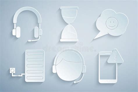 Set Man With A Headset Speech Bubble Smile Face Server Mobile Exclamation Mark Hourglass And