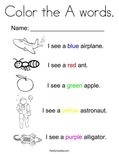 Color The A Words Coloring Page Letter A Coloring Pages Alphabet