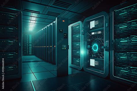 High Tech Server Room Filled With Rows Of Computer Hardware And Network Cables Used For Data