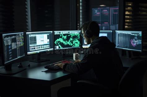 Programmer Working At Their Computer Surrounded By Monitors Displaying Code Generative Ai