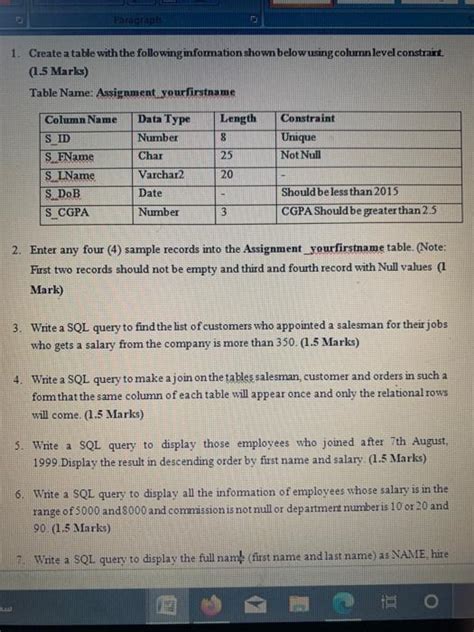 Solved 1 Create A Table With The Following Information